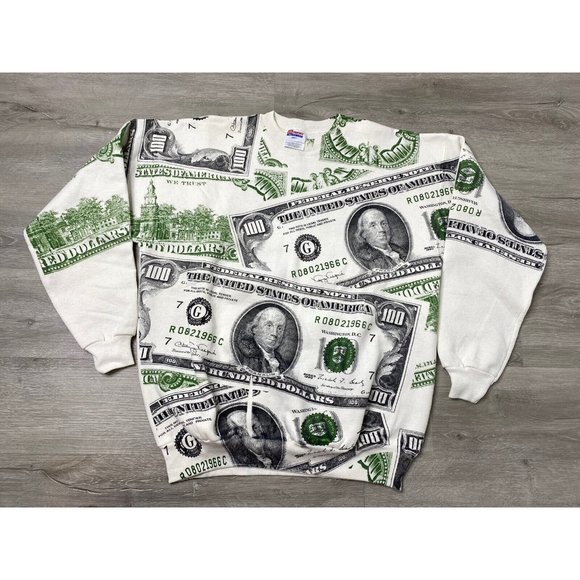 Hanes | Sweaters | Vtg Benjamin Franklin 0 Dollar Bill All Over Print ...